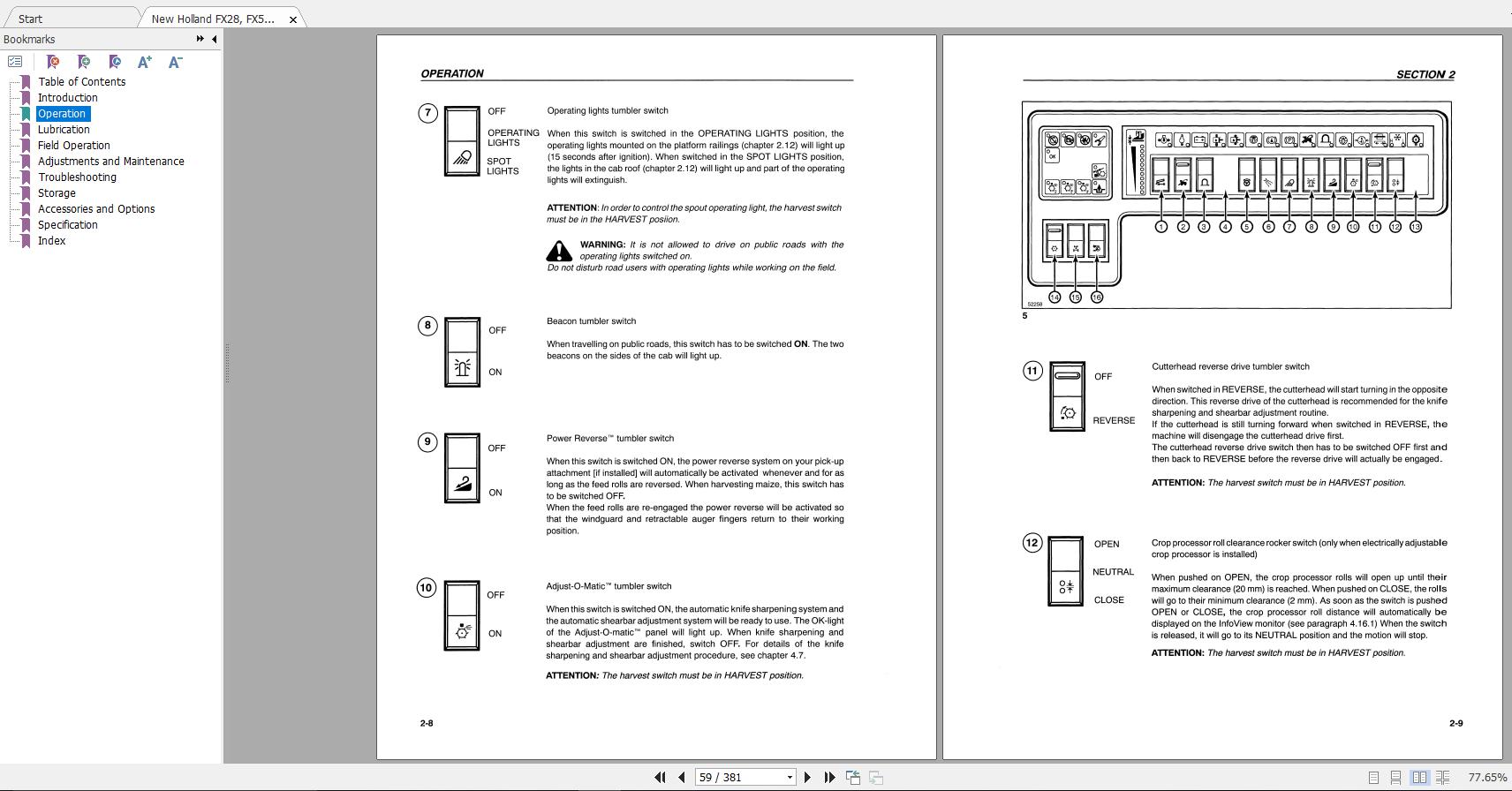 New Holland FX28, FX58 Operator Manual 86589770