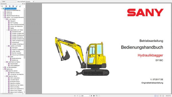 Sany Hydraulic Excavator SY18 Operation Manual - Bedienungshandbuch DE ...