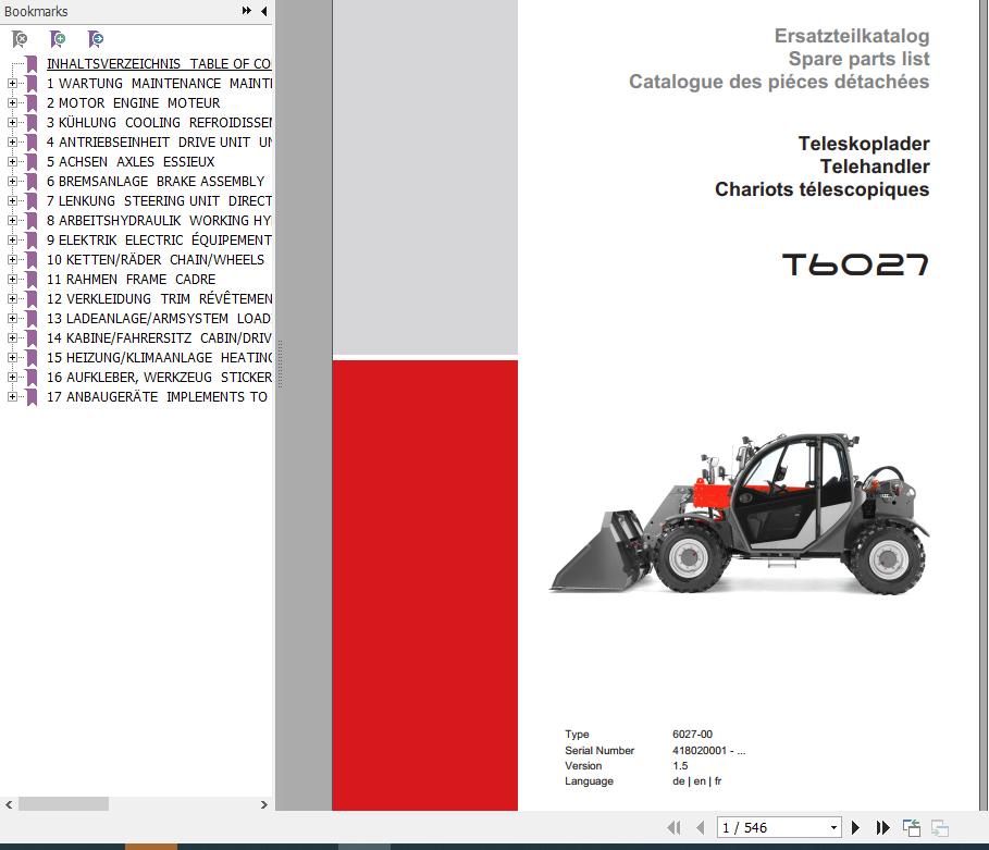Weidemann Telehandler T6027 6027-00 1.5 Spare Parts List EN+DE+FR