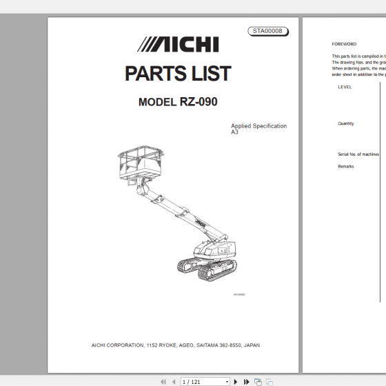 Aichi Crawler Telescopic RZ150 & IRZ500_A2,E1_PA00042 Part List_En