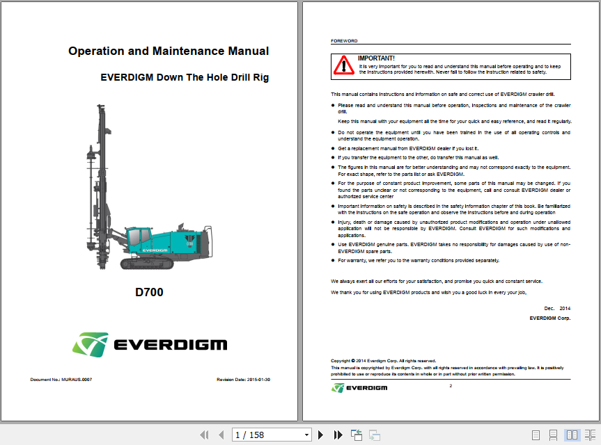 EVERDIGM Down The Hole Drill Rig D700 Operation & Maintenance Manual