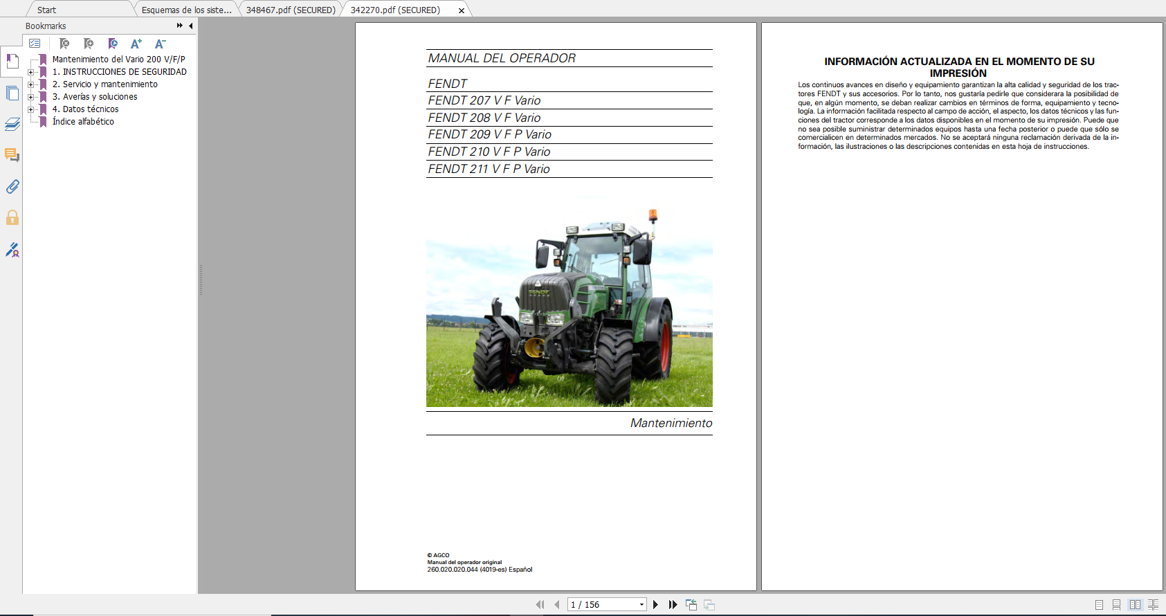Fendt Tractor 200 Vario VFP Com3 VIN 260-264 & 272-274 Diagram, Operator, Workshop Manual_ES