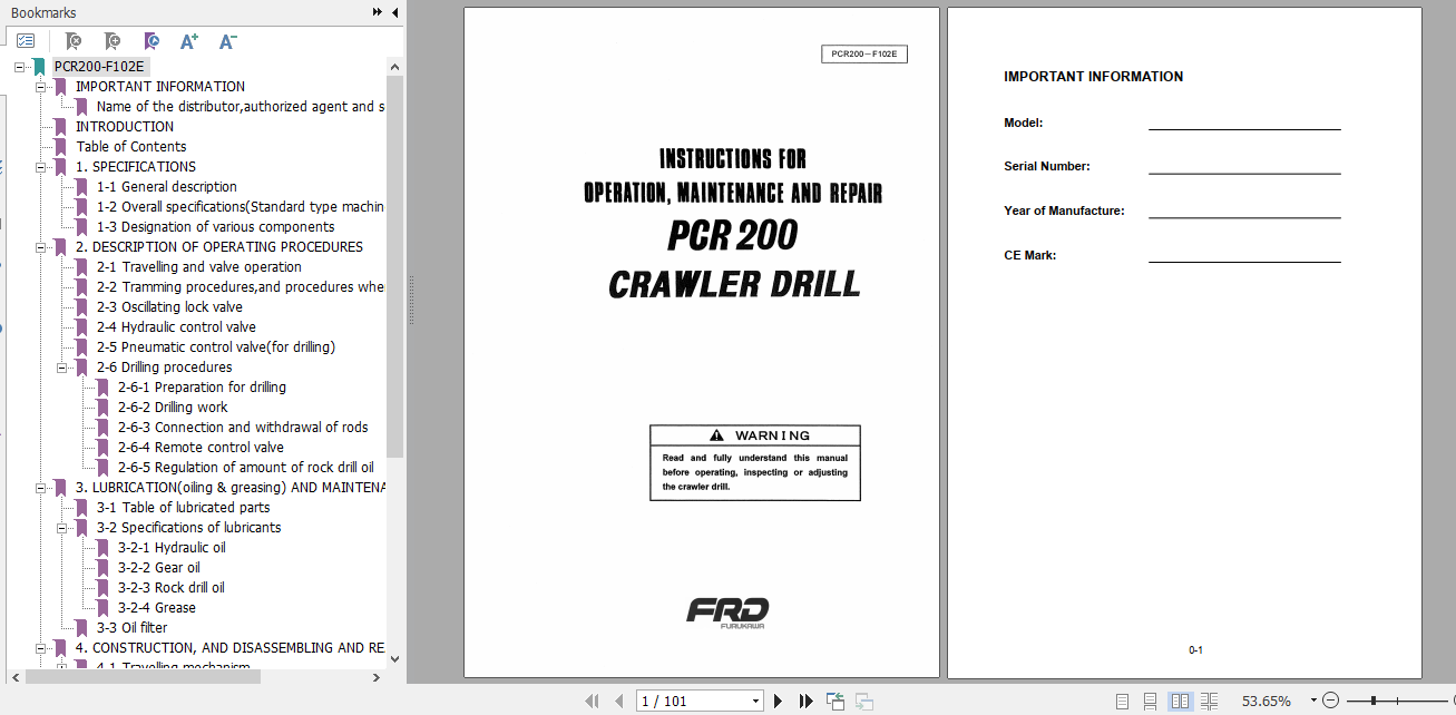 Furakawa Crawler Drill PCR200 Operation & Maintenance Manual