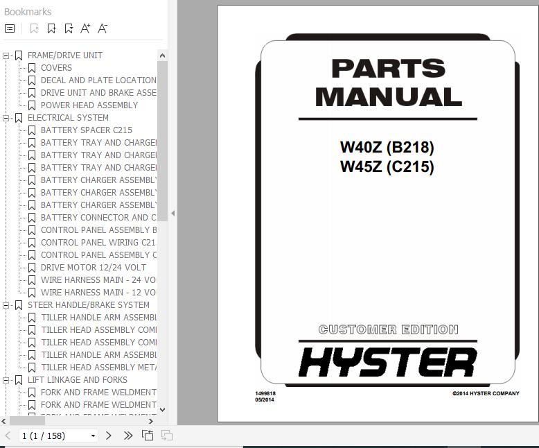 Hyster Electric Motor Hand Trucks B218 W40Z Parts Manual 1499818