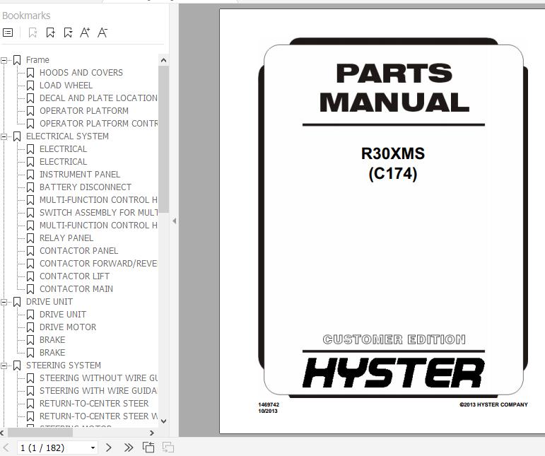 Hyster Electric Motor Narrow Aisle Trucks C174 R30XMS Parts Manual