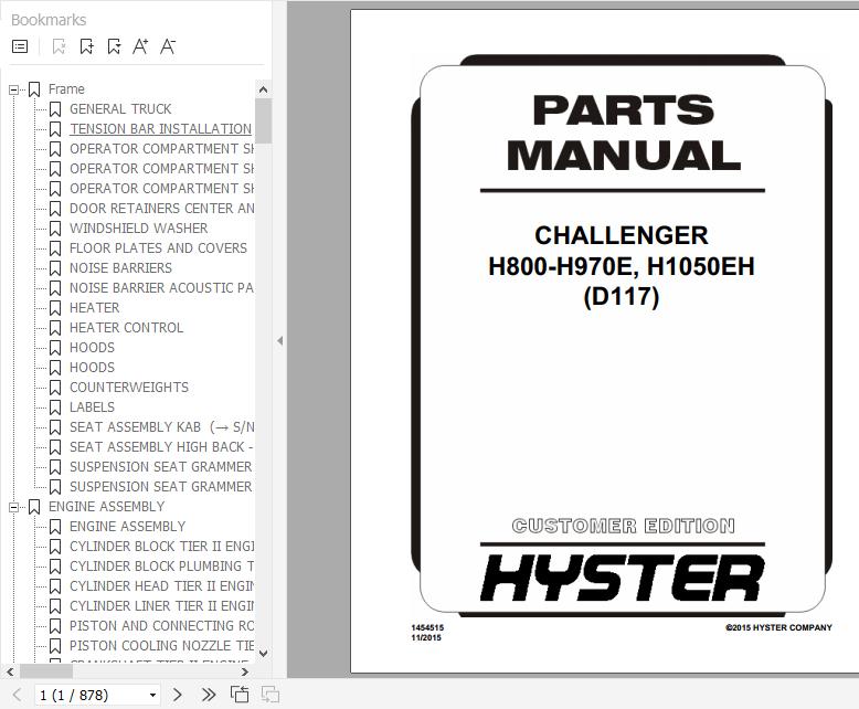 Hyster Forklift Truck D117 H800-H970E H1050EH Parts Manual 1454515