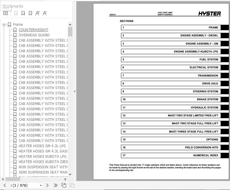 Hyster Forklift Truck U005 (H80-H90-H100-H110-H120FT) Parts Manual 4128542