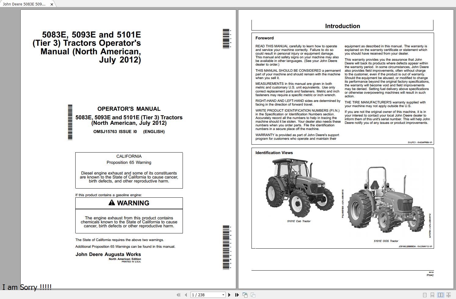 John Deere 5083E 5093E 5101E TIER 3 TRACTOR OPERATORS MANUAL OMSJ15763