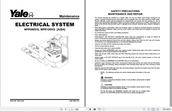 Yale Class 2 Electric Motor Narrow Aisle Trucks A284 (MPR080VG, MPR100VG) Service Manual