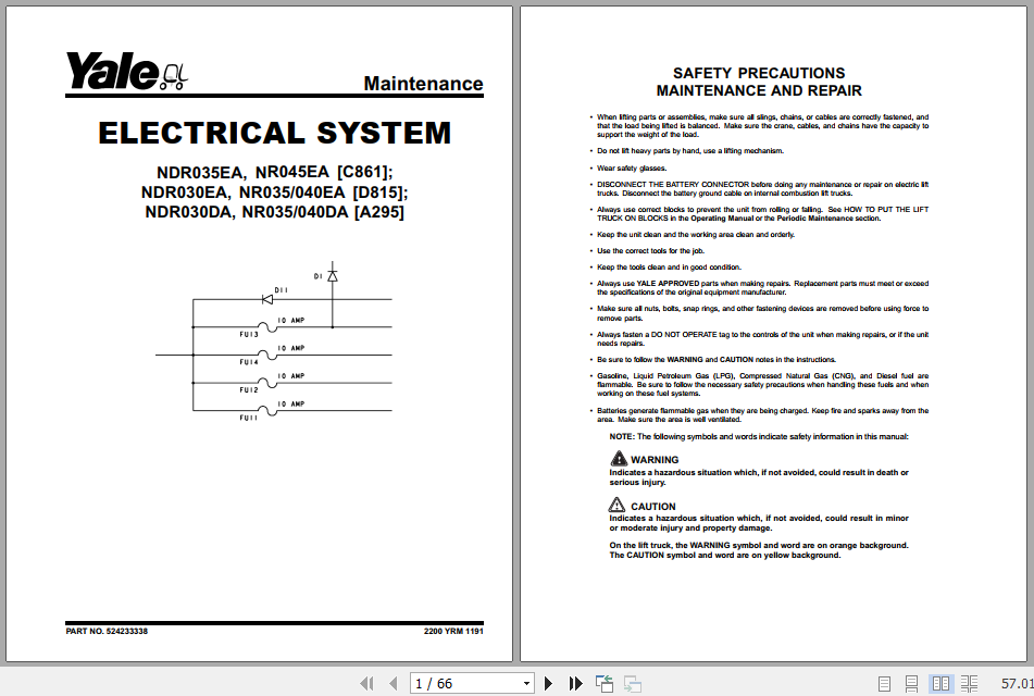 Yale Class 2 Electric Motor Narrow Aisle Trucks A295 (NR035-040DA, NDR030DA) Service Manual