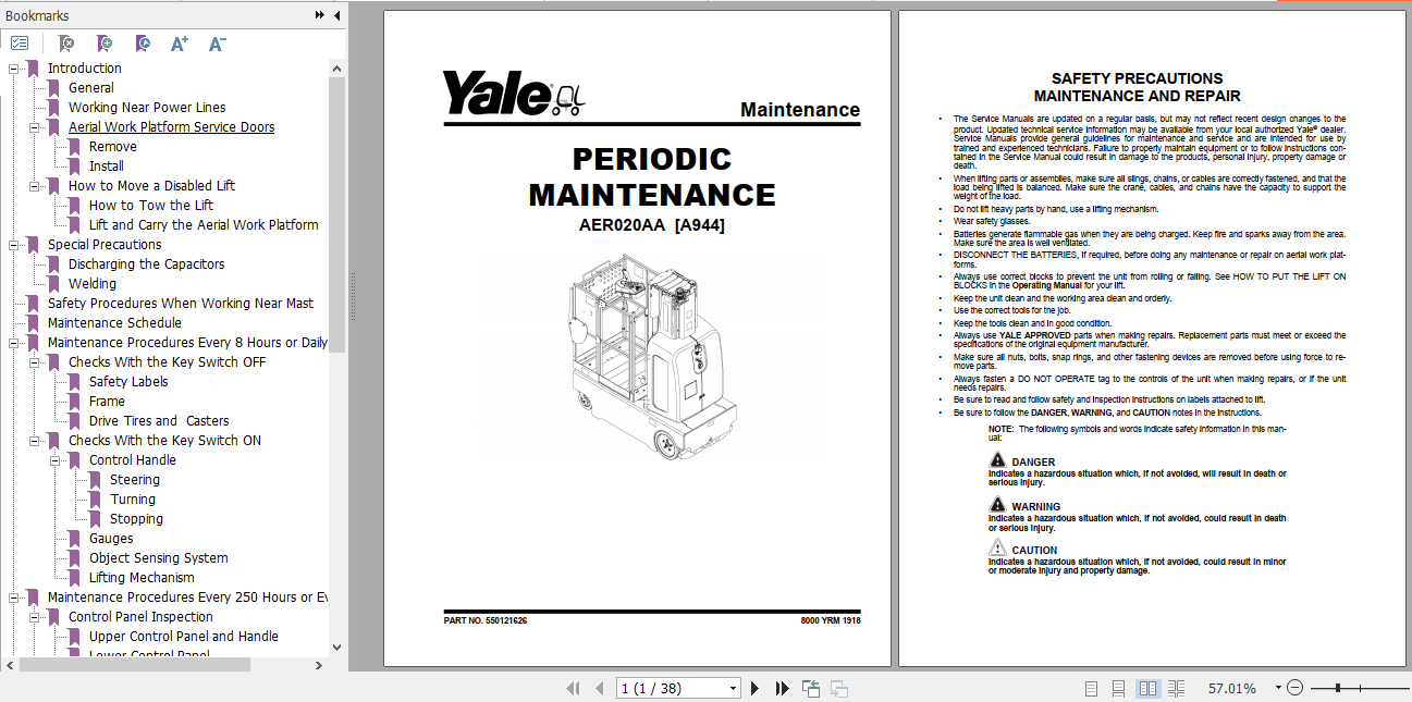 Yale Class 2 Electric Motor Narrow Aisle Trucks A944 (AER020AA) Service Manual