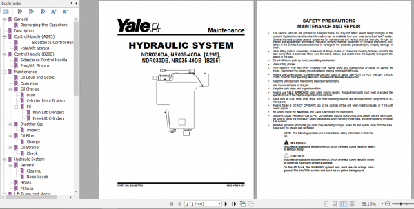 Yale Class 2 Electric Motor Narrow Aisle Trucks B295 (NDR030DB, NR040DB, NR035DB) Service Manual