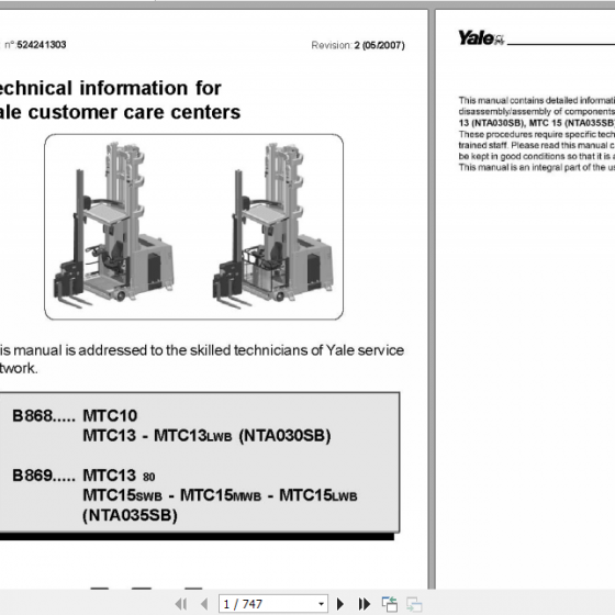 Yale Class 2 Electric Motor Narrow Aisle Trucks B869 (MTC13 80 - MTC15 SWB - MTC15 MWB MTC15 LWB ...
