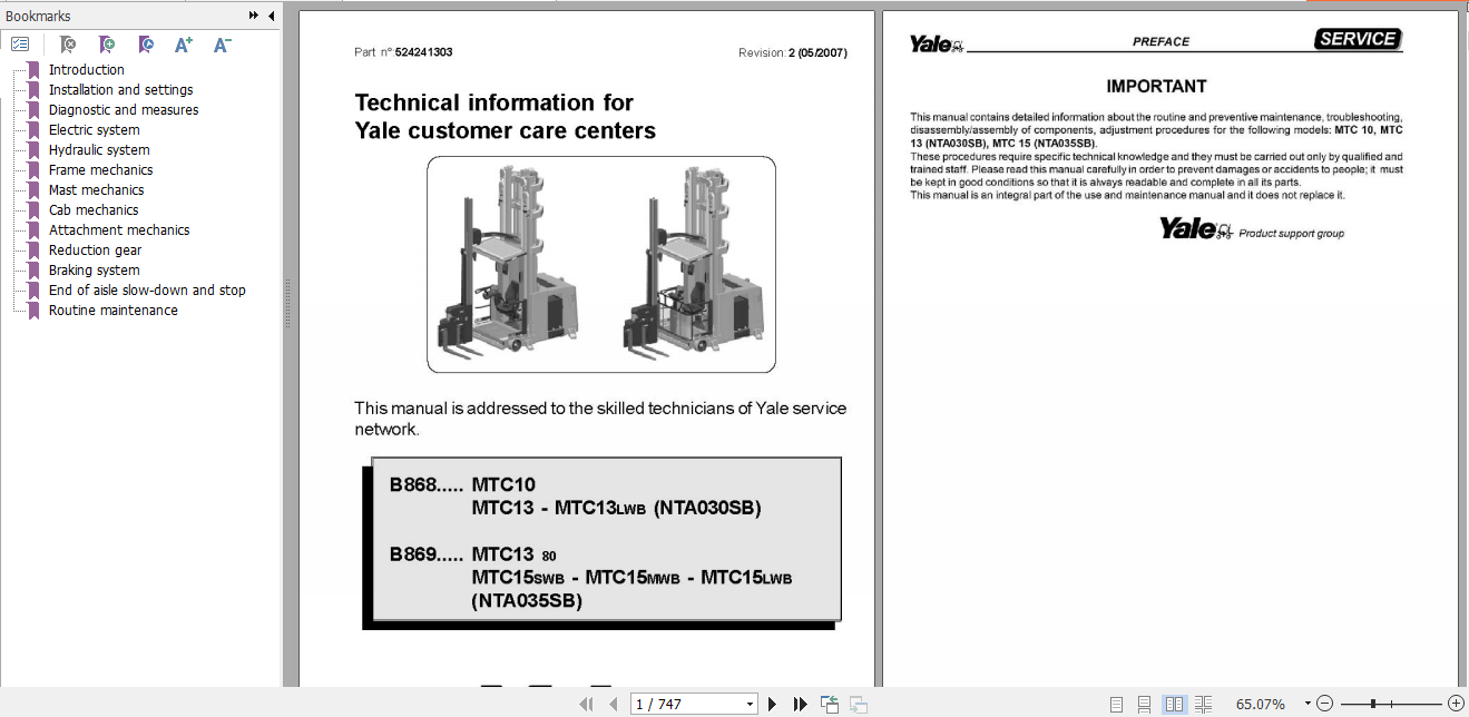 Yale Class 2 Electric Motor Narrow Aisle Trucks B868 (MTC10 - MTC13 - MTC13 LWB [NTA030SB ...