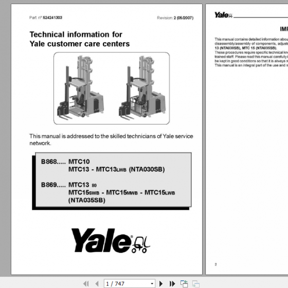 Yale Class 2 Electric Motor Narrow Aisle Trucks C295 (NDR030DC NR035DC NR040DC) Service Manual