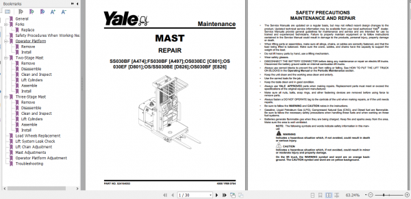 Yale Class 2 Electric Motor Narrow Aisle Trucks C801 (OS030EC) Service Manual