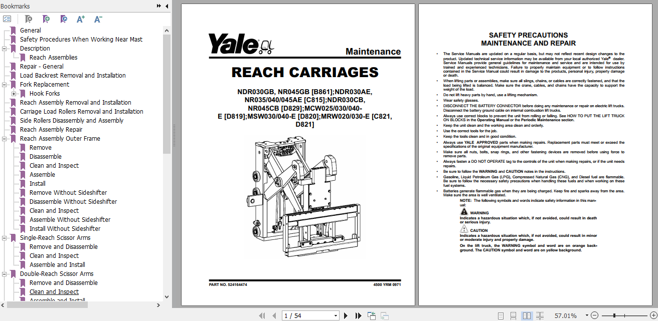 Yale Class 2 Electric Motor Narrow Aisle Trucks C815 (NR035-045AE NDR030AE) Service Manual