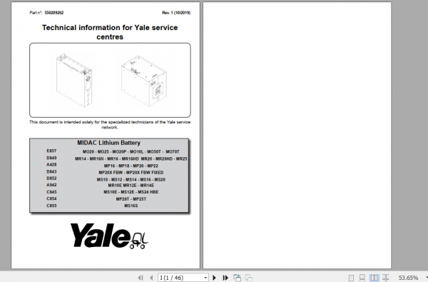 Yale Class 2 Electric Motor Narrow Aisle Trucks C854 (MP20T - MP25T) Service Manual