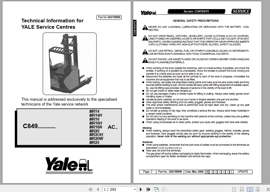 Yale Class 2 Electric Motor Narrow Aisle Trucks C849 (MR1414H - MR1616H16N - MR2020H20W - MR25 ...