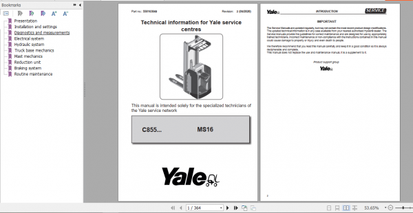 Yale Class 2 Electric Motor Narrow Aisle Trucks C855 (MS16S Europe) Service Manual