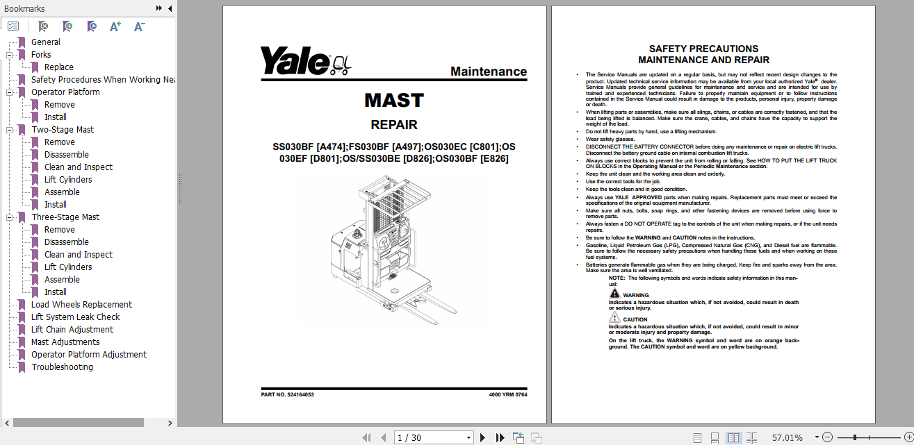 Yale Class 2 Electric Motor Narrow Aisle Trucks D801 (OS030EF) Service ...