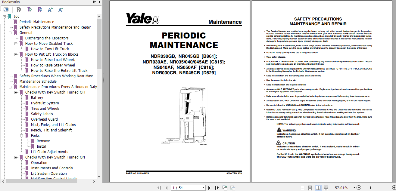 Yale Class 2 Electric Motor Narrow Aisle Trucks D829 (NDR030CB NR045CB) Service Manual