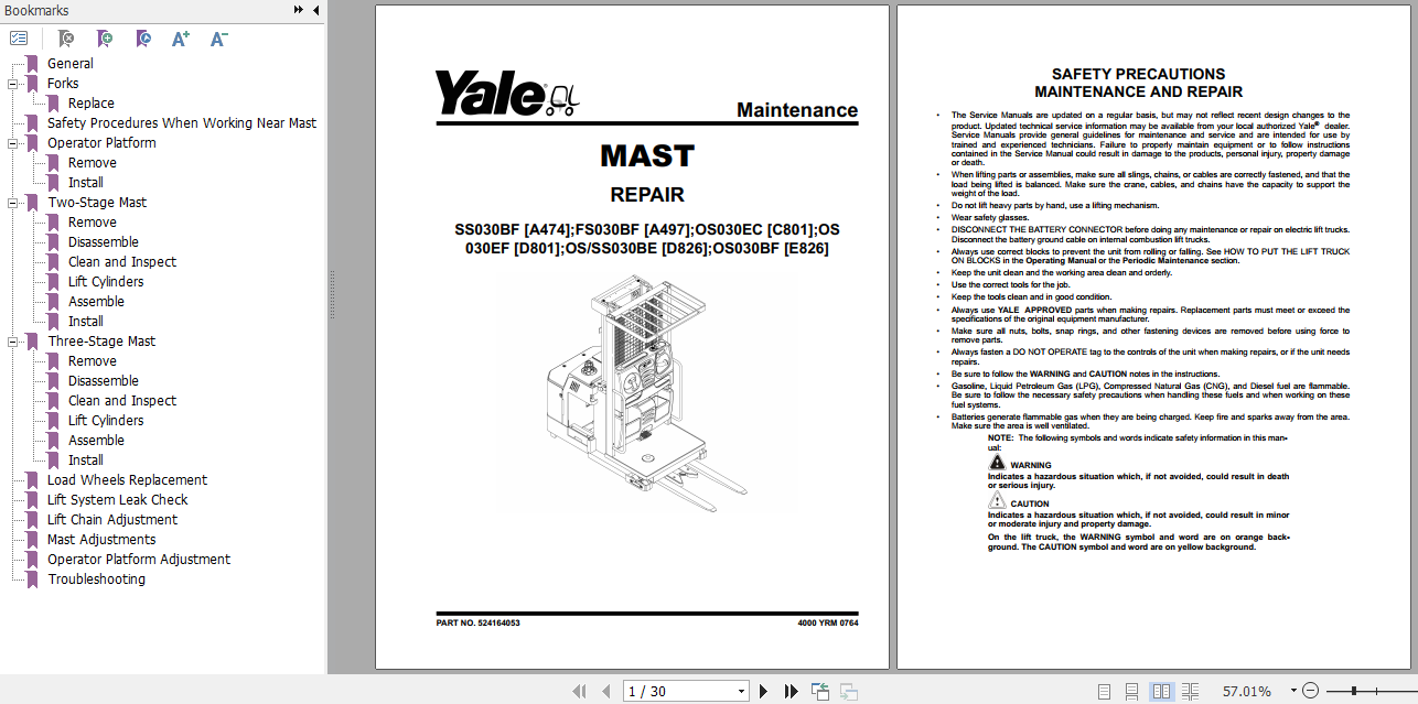 Yale Class 2 Electric Motor Narrow Aisle Trucks E826 (OS030BF) Service Manual