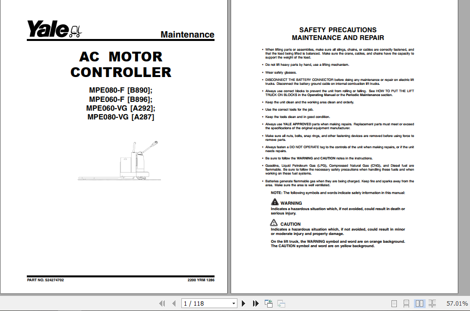 Yale Class 3 Electric Motor Hand Trucks A287 (MPE080VG) Service Manual