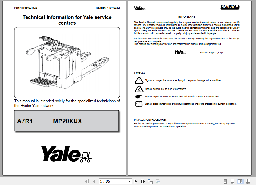 Yale Class 3 Electric Motor Hand Trucks A7R1 (MP20XUX) Operating Service Manual