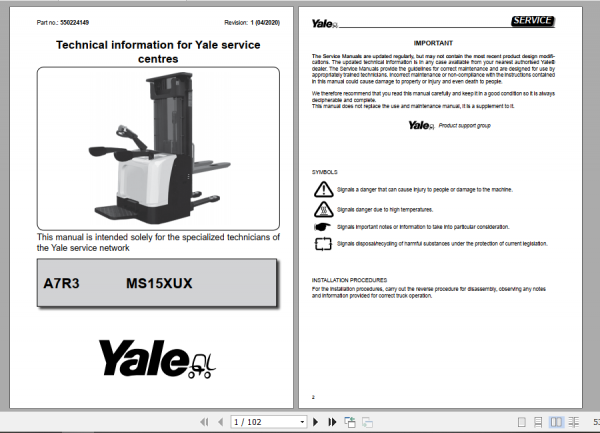 Yale Class 3 Electric Motor Hand Trucks A7R3 (MS15XUX) Operating Service Manual