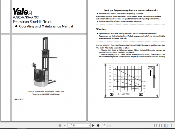 Yale Class 3 Electric Motor Hand Trucks A7S2 (MS15LUX) Operating Service Manual
