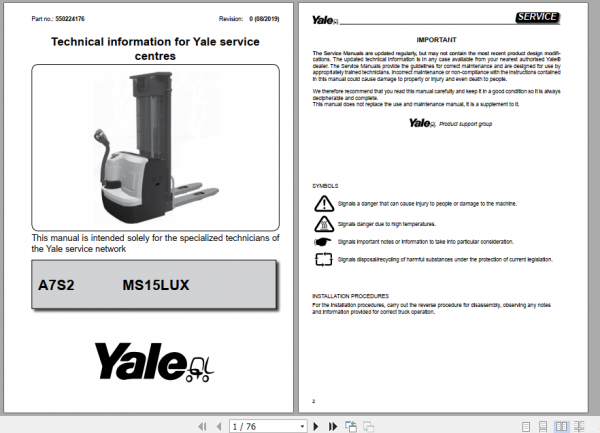Yale Class 3 Electric Motor Hand Trucks A7S2 (MS15LUX) Operating Service Manual