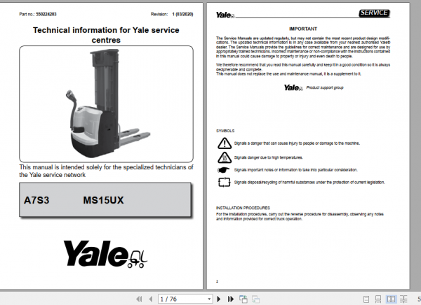 Yale Class 3 Electric Motor Hand Trucks A7S3 (MS15UX) Operating Service Manual