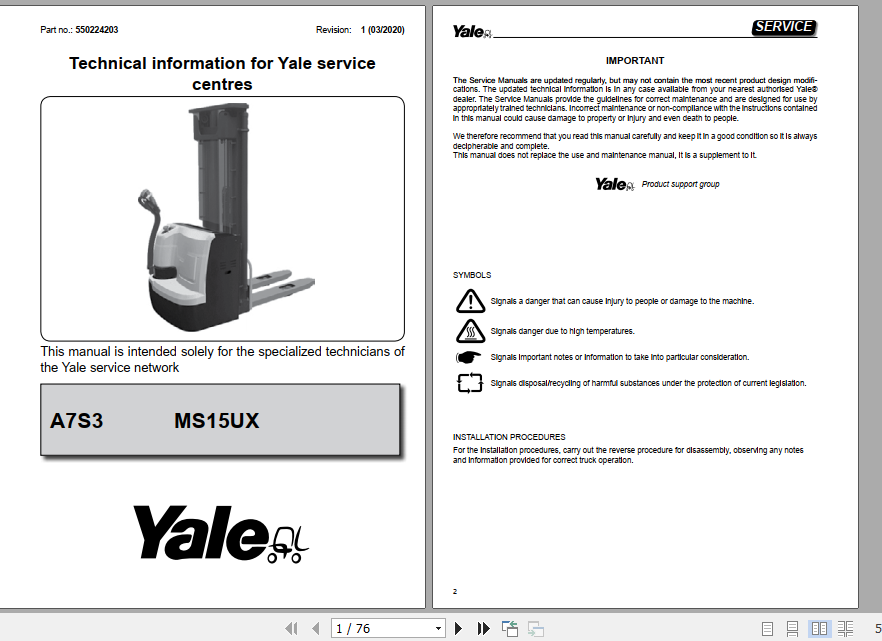 Yale Class 3 Electric Motor Hand Trucks A7S3 (MS15UX) Operating Service Manual