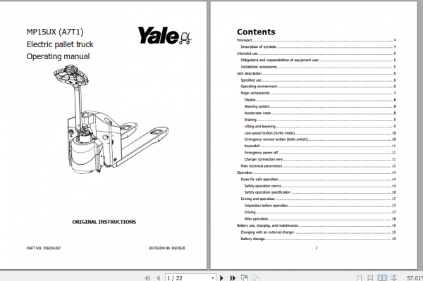 Yale Class 3 Electric Motor Hand Trucks A7T1 (MP15UX) Operating Service Manual