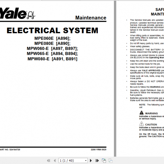 Yale Class 3 Electric Motor Hand Trucks A891 (MPW080E) Service Manual