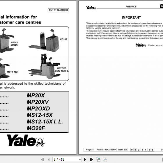 Yale Class 3 Electric Motor Hand Trucks A989 (MT70 - MT80) Service Manual