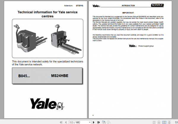 Yale Class 3 Electric Motor Hand Trucks B845 (MS10E - MS24HBE) Service Manual