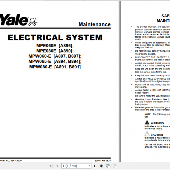 Yale Class 3 Electric Motor Hand Trucks B890 (MPE080-F) Service Manual