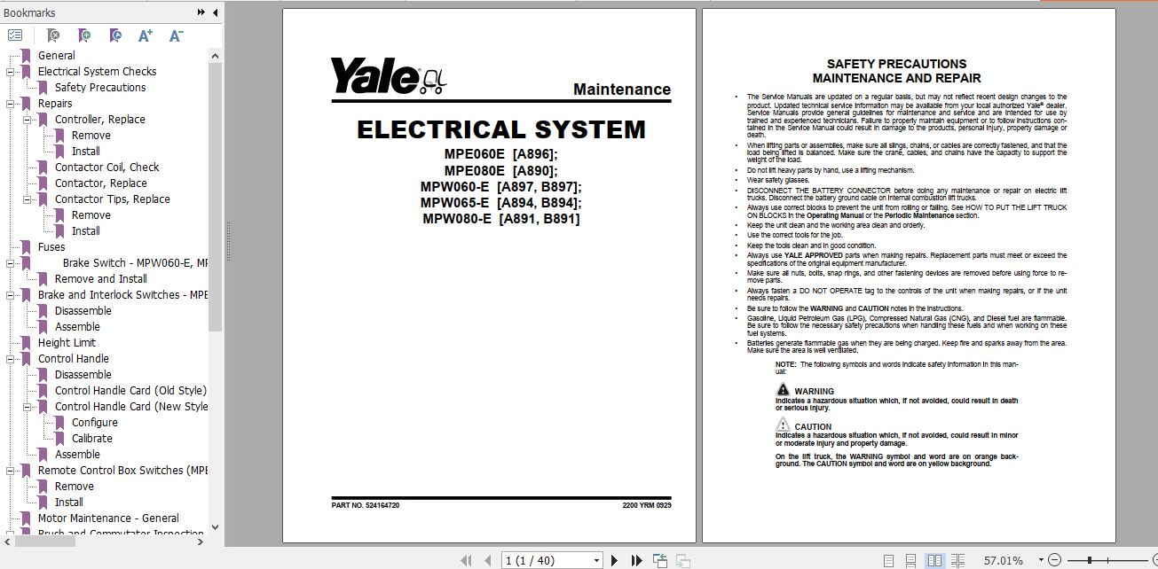 Yale Class 3 Electric Motor Hand Trucks B894 (MPW064E) Service Manual