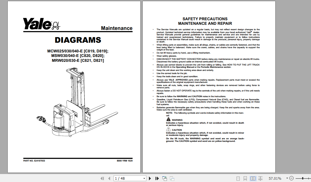 Yale Class 3 Electric Motor Hand Trucks C820 (MSW030-040E) Service Manual
