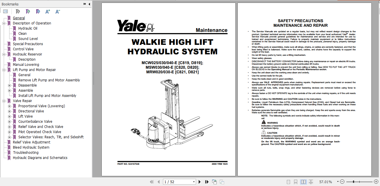 Yale Class 3 Electric Motor Hand Trucks D821 (D821 MRW020E MRW030E D820 MSW040-E) Service Manual