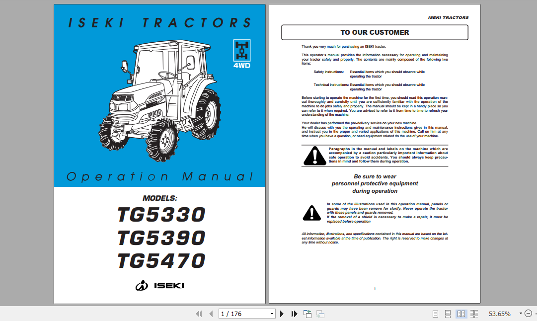 Iseki Tractor TG5330 TG5390 TG5470 Operator Manual