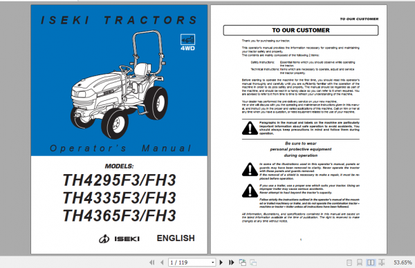 Iseki Tractor TH4295 4335 4365 Operator Manual