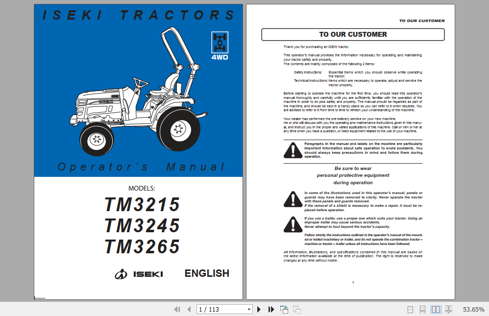 Iseki Tractor TM3215 TM3245 TM3265 Operator Manual
