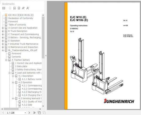 Jungheinrich Electric Stacker Truck EJC M10(E) EJC M10b(E) Operating Instructions 10-2019 EN ...