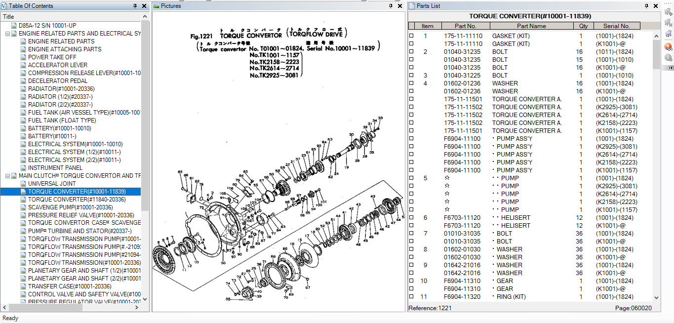 Komatsu Bulldozer D85, D85A-12 => D85PXI-18 Spare Parts Catalog
