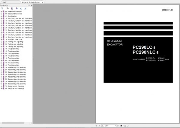 Komatsu Hydraulic Excavator PC290LC-8, PC290NLC-8 K50001 & UP Shop Manual UEN00001-01
