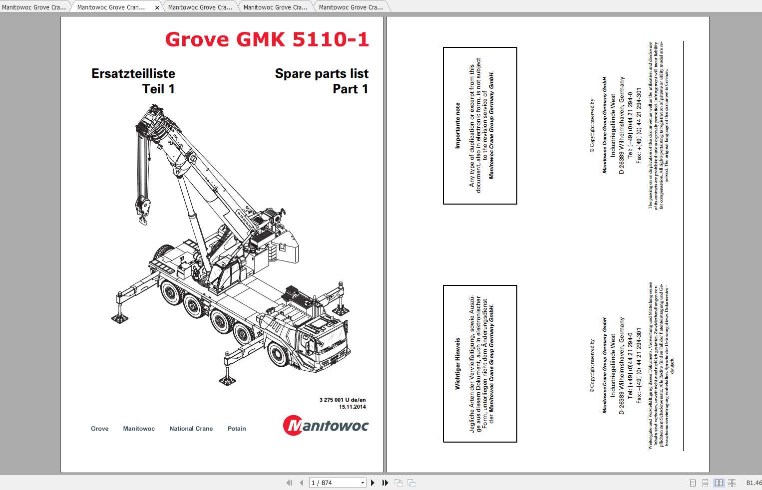 Manitowoc Grove Crane GMK 5110-1 3275001U 20141115 Spare Parts Catalog