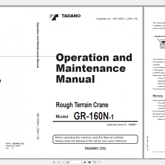 Tadano Rough Terrain Crane GR-160N-1 GR-160N-1-00102 Operation & Maintance Manual